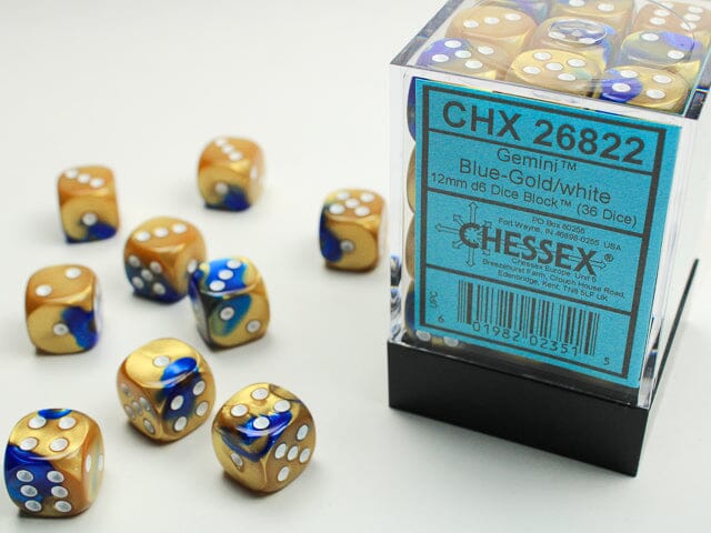 HammerHouse | Chessex Gemini Blue-Gold/white 12mm d6 Dice Block (36 ...