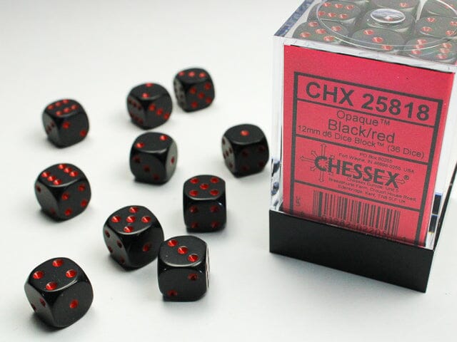 HammerHouse | Chessex Opaque Black/red 12mm d6 Dice Block (36 dice) by ...