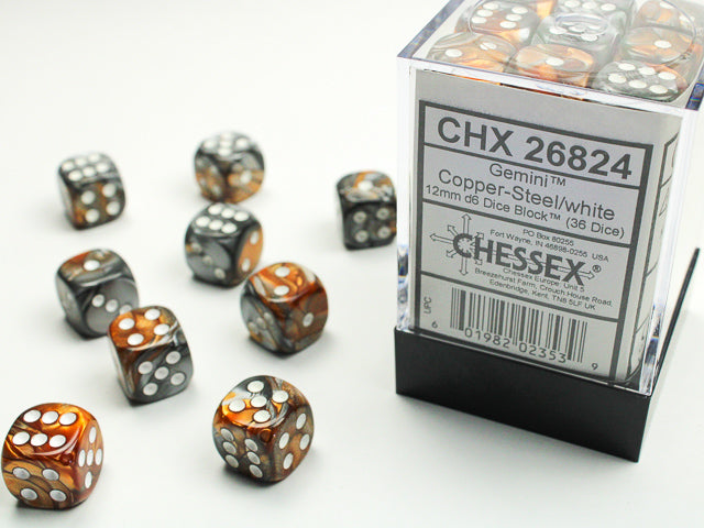 HammerHouse | CHX-26824 Chessex Gemini 12mm d6 Copper-Steel/white Dice ...