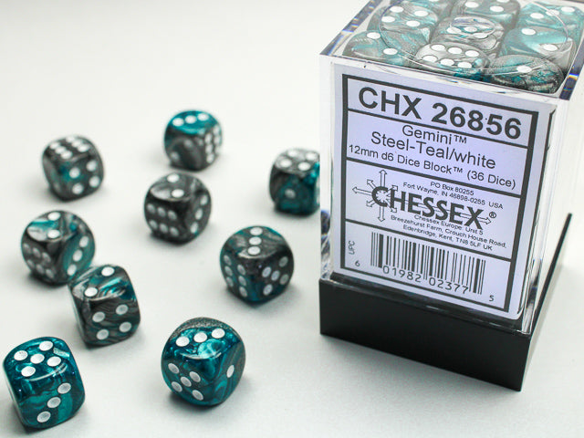 HammerHouse | CHX-26856 Chessex Gemini 12mm d6 Steel-Teal/white Dice ...