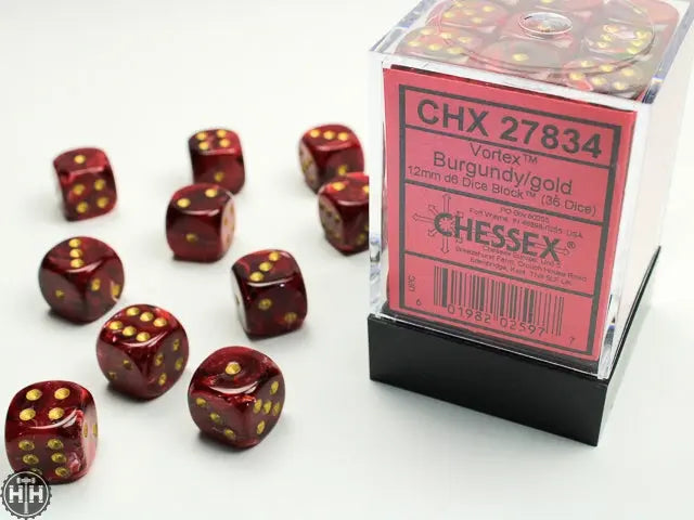 HammerHouse | CHX-27834 Chessex Vortex 12mm d6 Burgundy/gold Dice Block ...